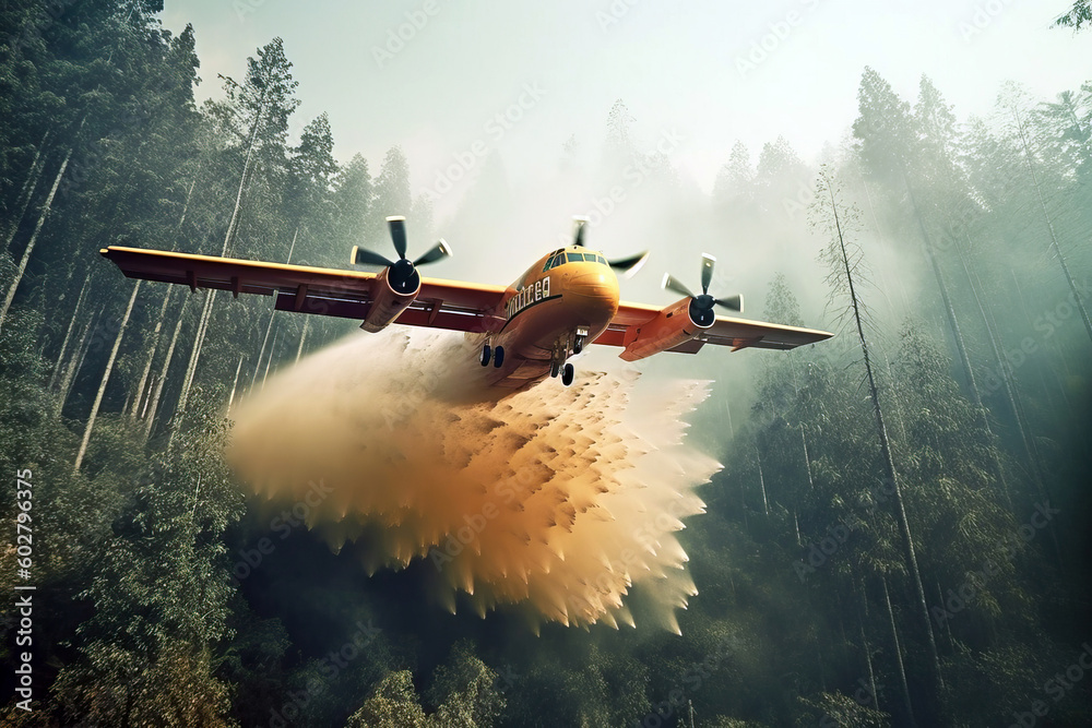 From below of airplane dropping water in forest against cloudy sky ...