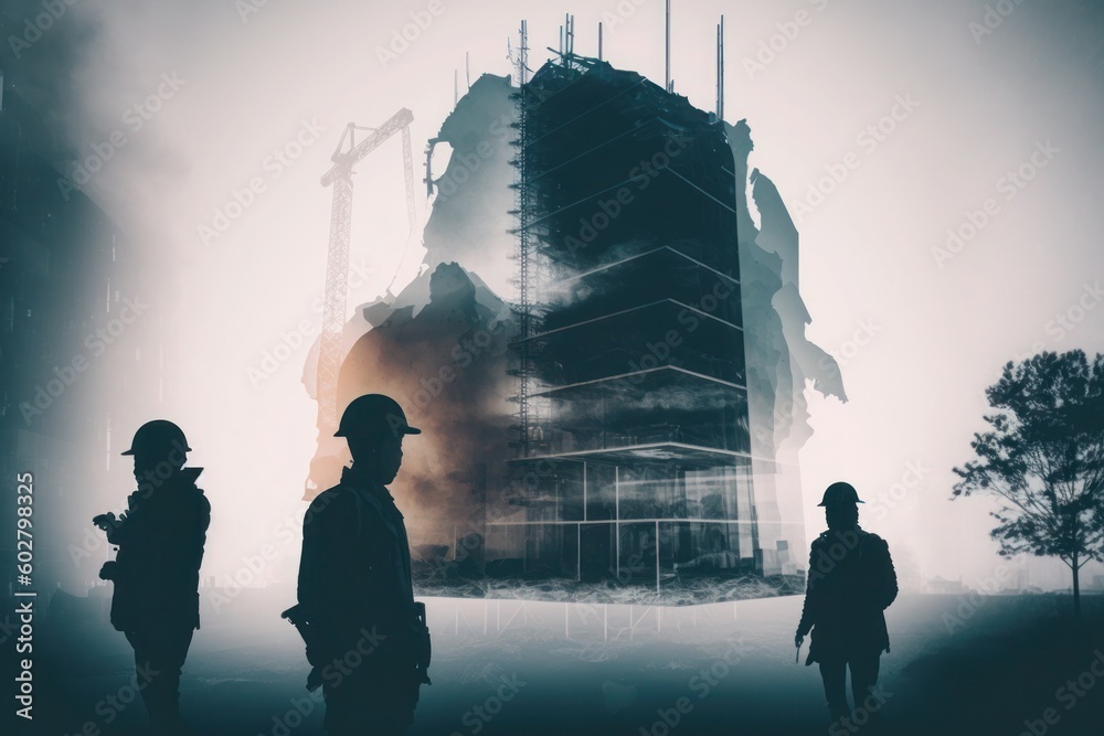 Captivating double exposure image of construction workers near a ...