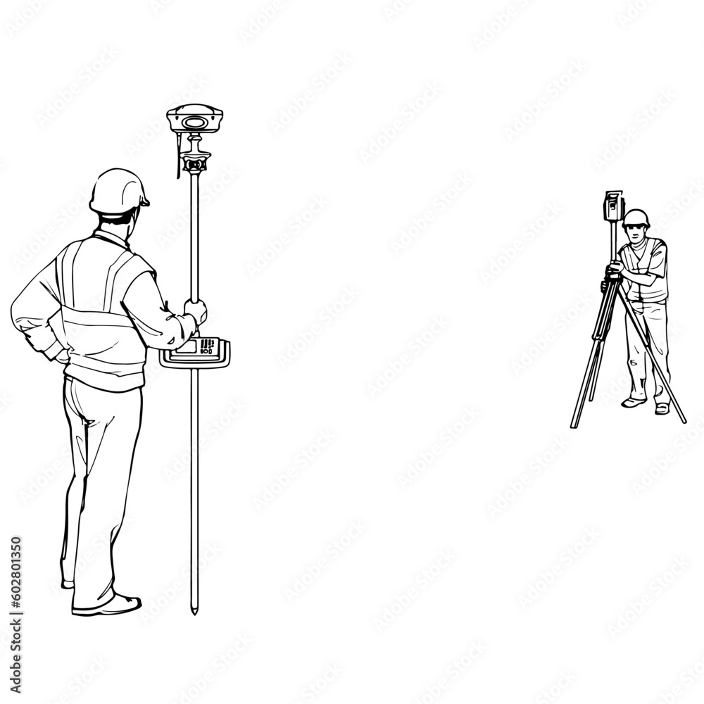 Two surveyors are standing and inspecting the site, vector drawing ...