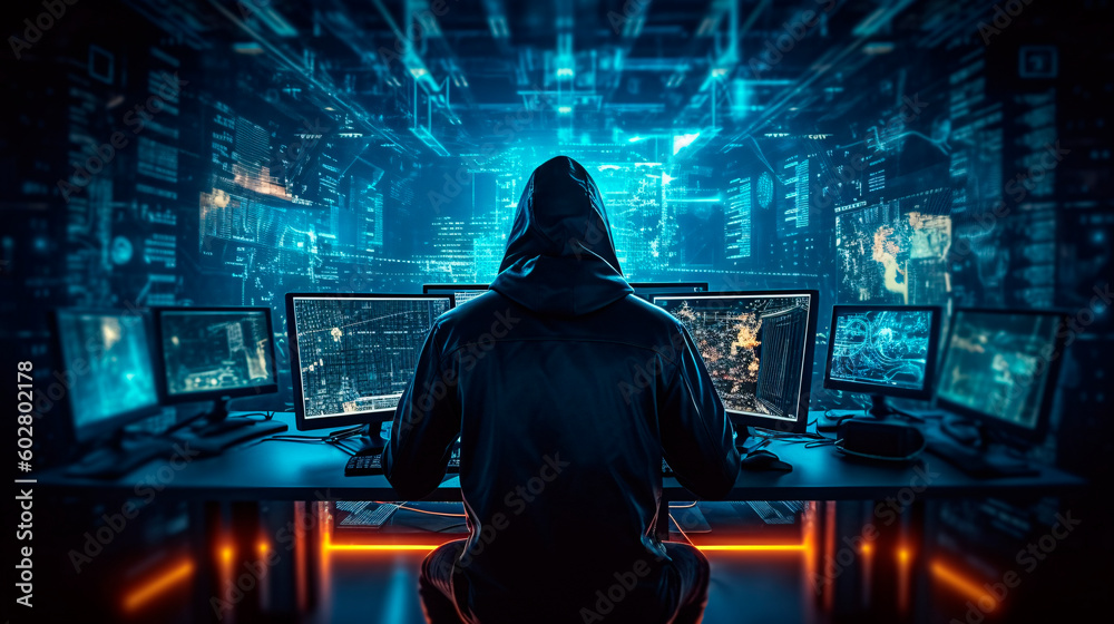 Anonymous hacker, shrouded in a hoodie, seated before a prominent ...