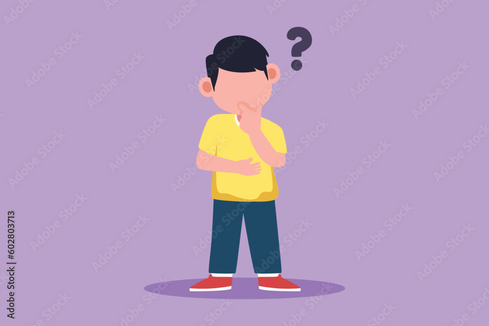 Cartoon flat style drawing adorable little boy thinking. Cheerful kids ...