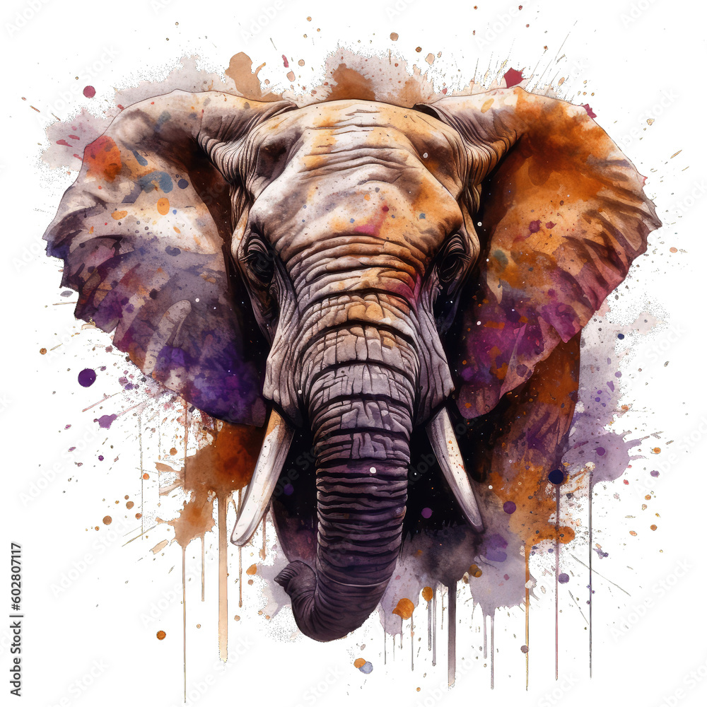 Watercolor portrait of a Africans elephant head in purple color tone ...
