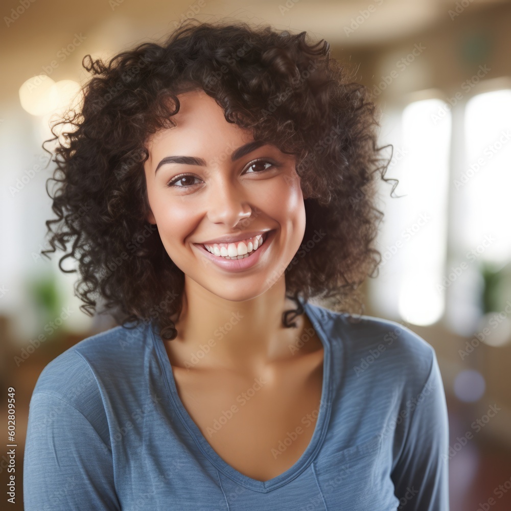 Smiling woman looking at the camera. Zoom. Profile photo. Generative AI ...