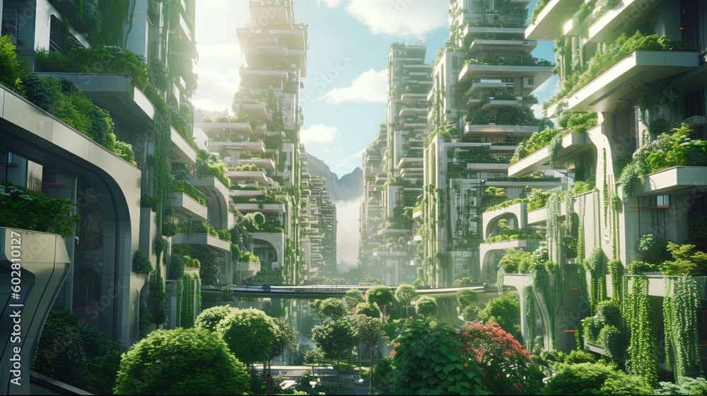 Futuristic sustainable and zero carbon cityscape utopia illustration ...