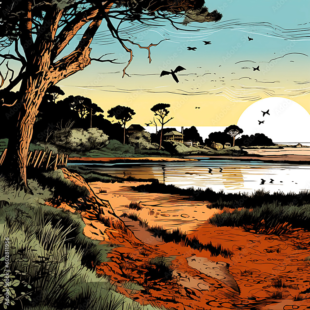 Cartoon Illustration of a Coastal Estuary with Sunrise Above a Lake ...