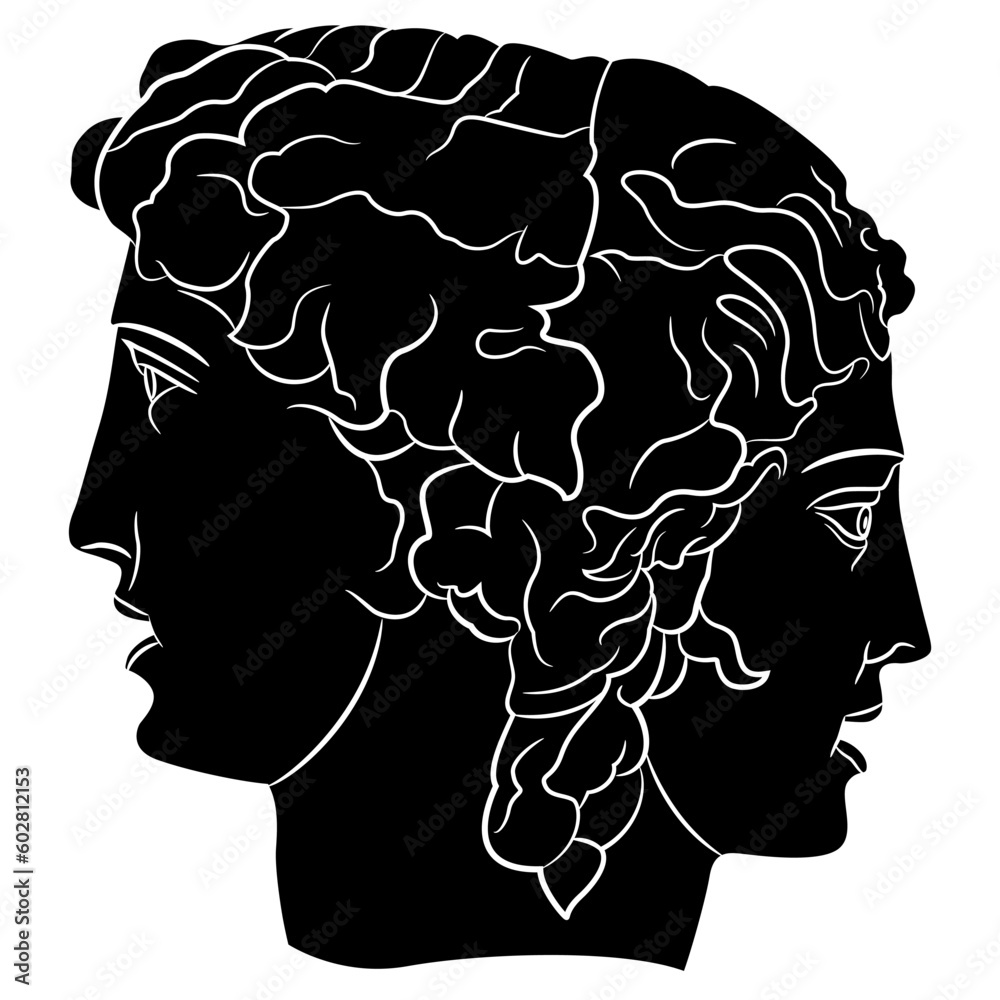 Janiform head with two faces. Janus as man and woman. Ancient Greek or ...
