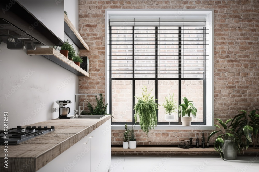 showcasing an interior Scandinavian kitchen through a white window with a potted plant on an ...