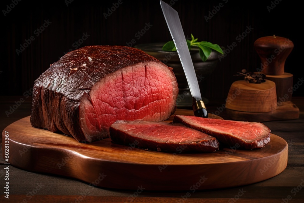 roast beef meat is cooked to a perfect medium-rare, with a ...
