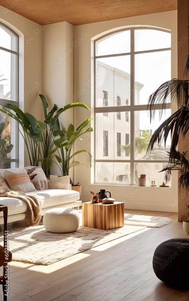 very light and bright interior of cozy living room with chic soft beige ...