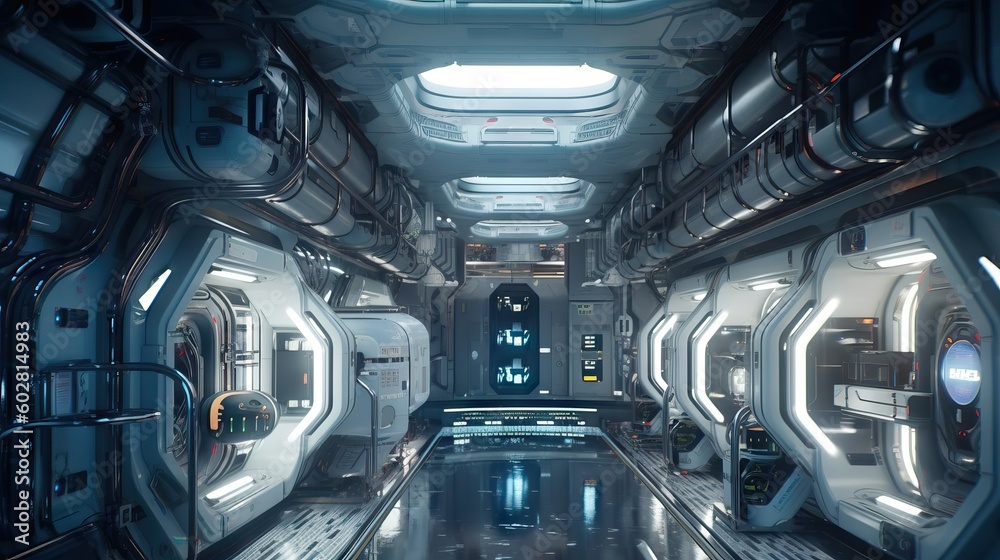 Futuristic interior of an starship, explore the space in the future ...