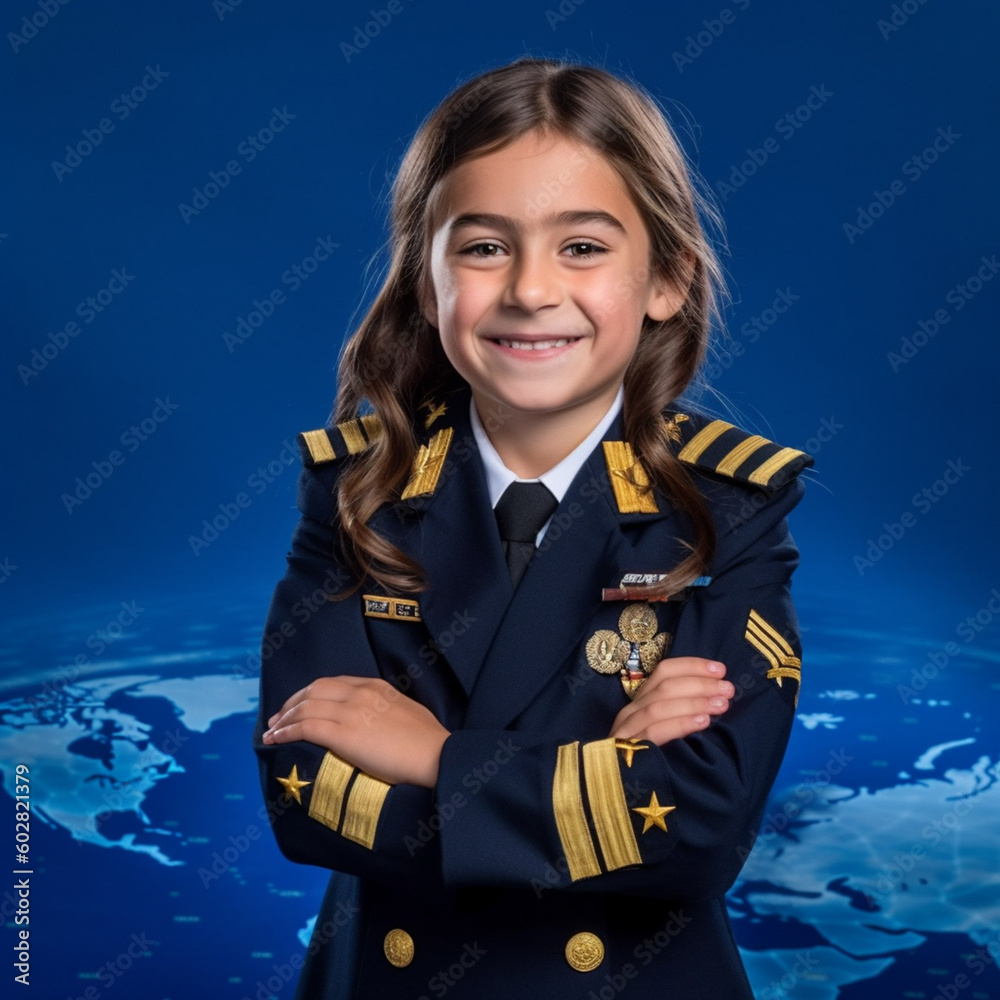 a smiling girl child dressed as a pilot's soft solid blue background ai ...