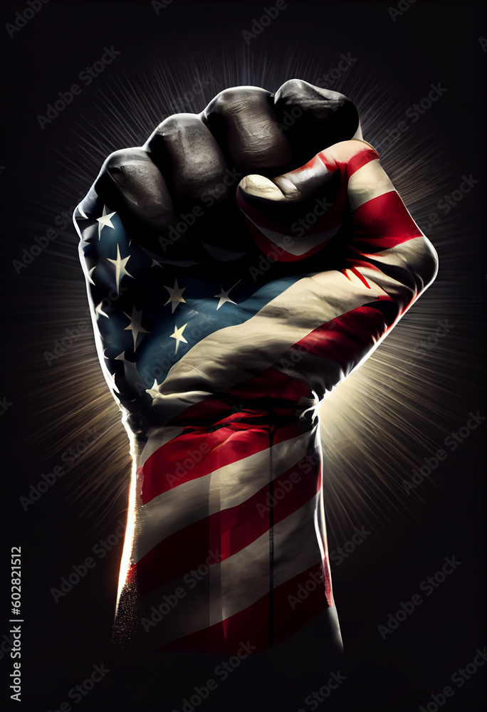 raising human fist in the air, usa us flag background, symbol concept ...