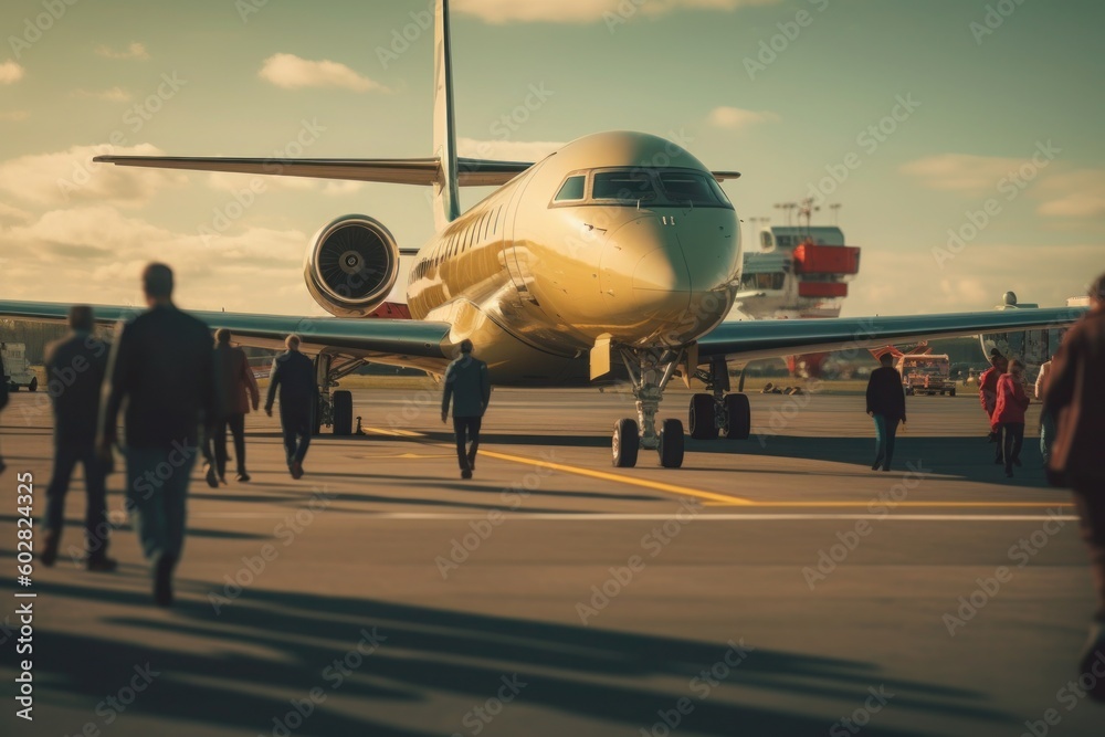 Cinematic airport scene, bustling crowd is captured with a speed ...