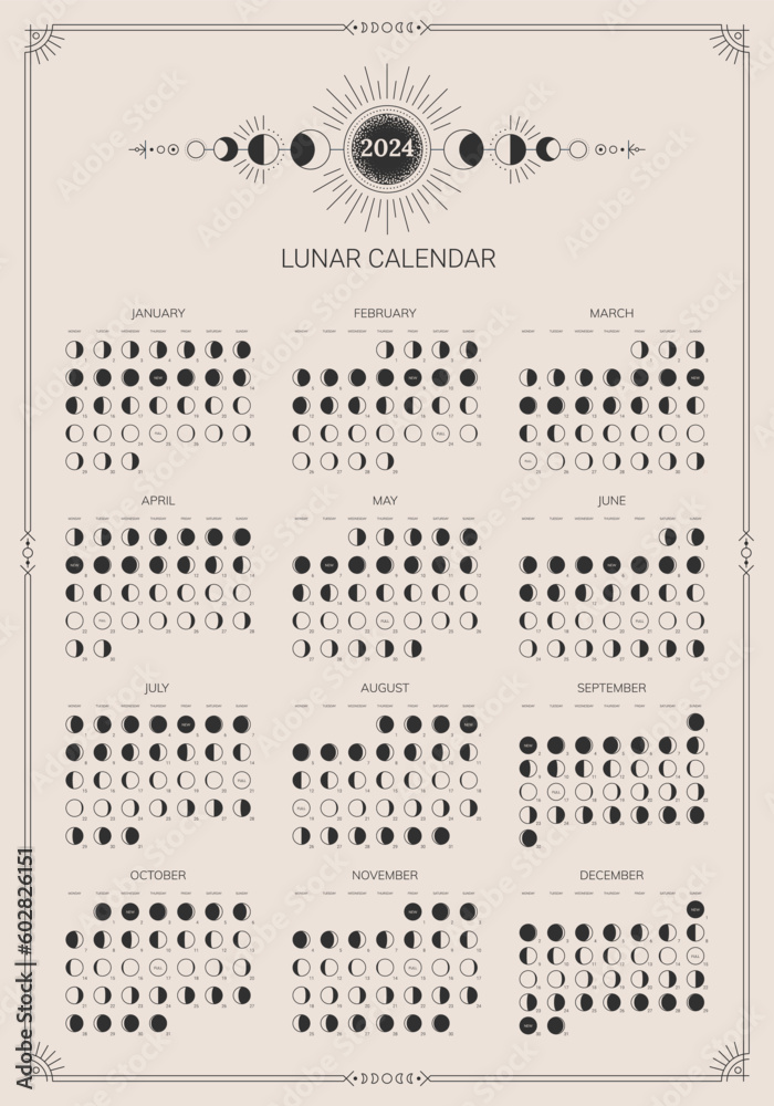 Lunar calendar, lunar monthly cycle planner for 2024 year template ...