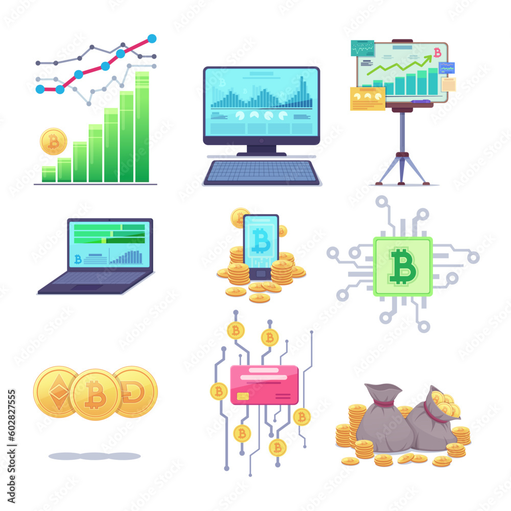 Cryptocurrency charts and elements vector illustrations set. Collection ...