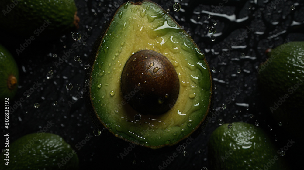 Fresh wet avocado. Fruits with drops. Dark background. Upper view ...