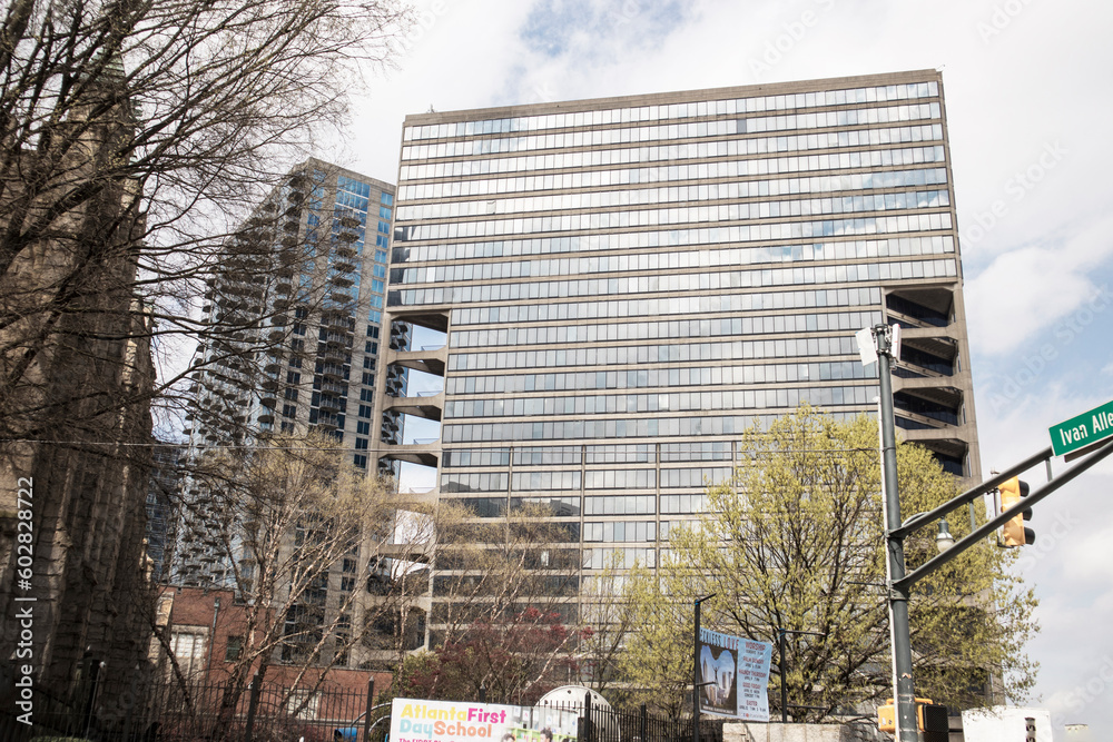 Downtown Atlanta tall glass window high rise building and clouds Stock ...