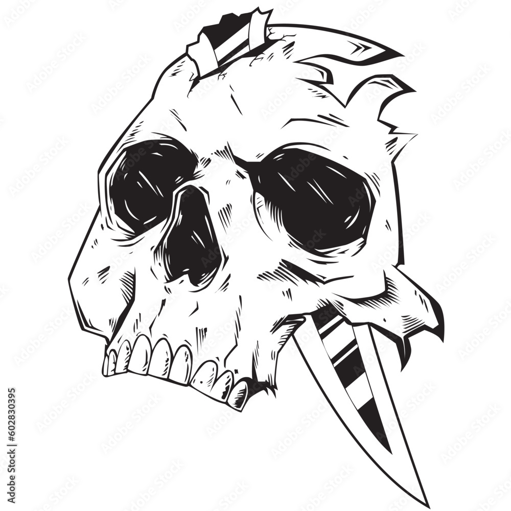 Monochrome illustration of a skull impaled by a broken knife on a white ...