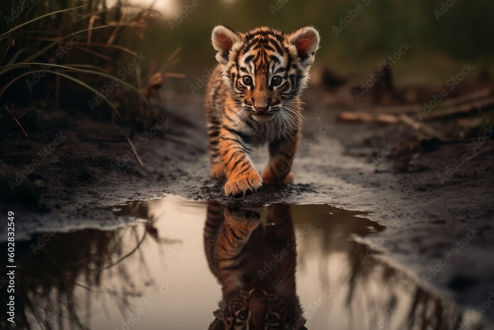 Ilustrace „A heartwarming scene of a tiger cub and its reflection in ...