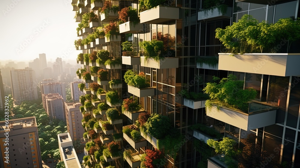 Wide angle birds eye view of green and sustainable apartment building ...