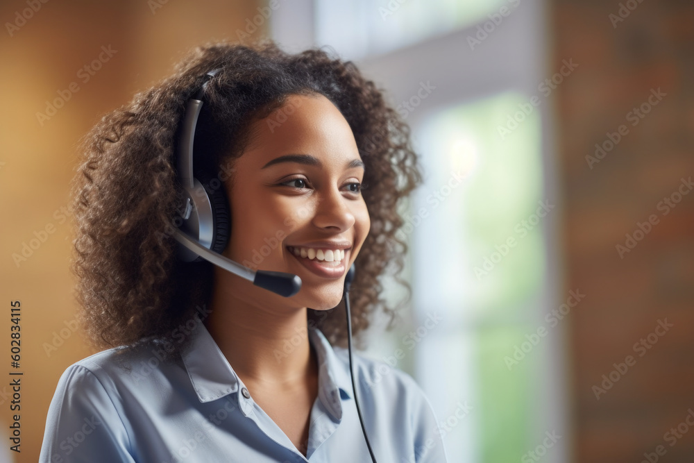 Friendly and cheerful girl working at a call center with headphones on ...