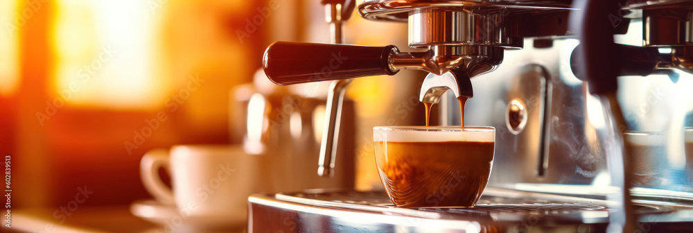 Coffee maker machine closeup, hot espresso pouring in a cup from a ...