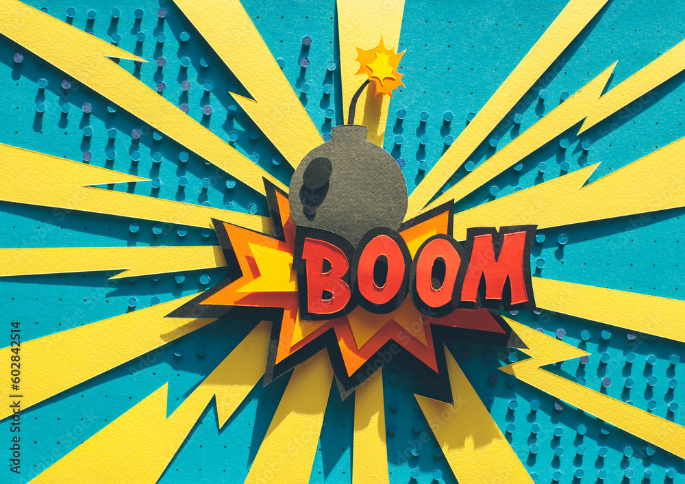 Handmade colorful paper cutting speech bubble with text boom. Paper cut ...