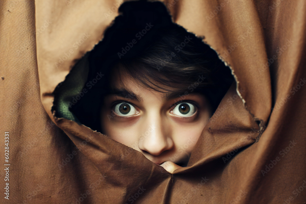 Surprised young woman hiding behind a sheet of brown fabric, Generative ...