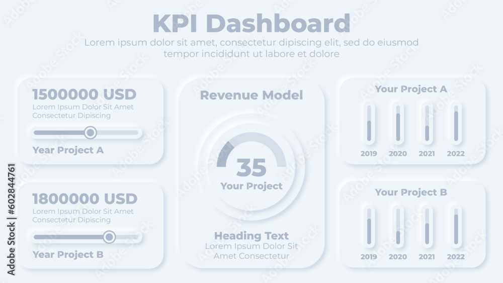 Neumorphic kpi dashboard and graphical chart elements infographic ...