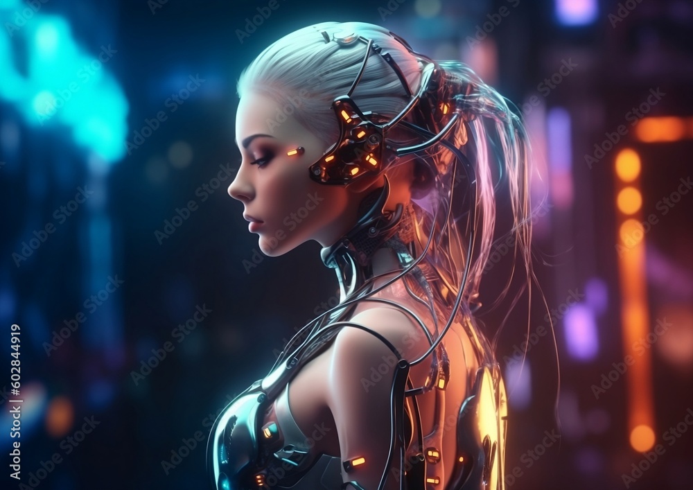 Cyborg woman with a visible detailed brain on cyberpunk background with ...
