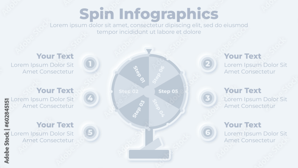 Neumorphic spinning wheel and rewards infographic with 6 steps ...