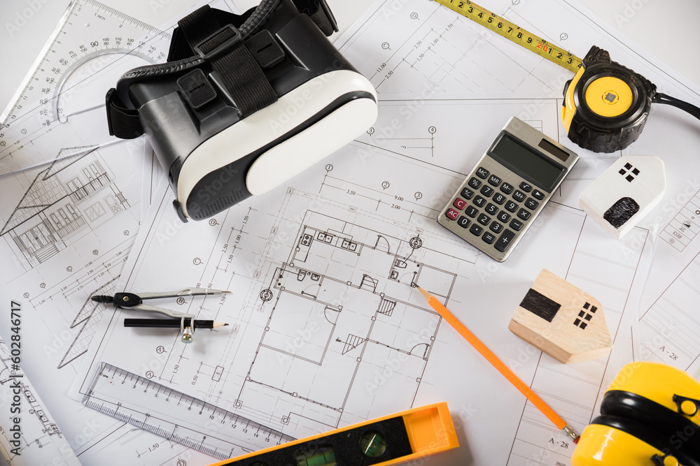 Architect workplace top view. Architectural blueprint paper project ...