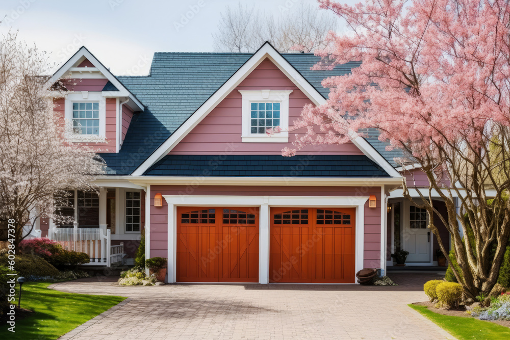 Traditional American house with two car garage. Front view Stock ...