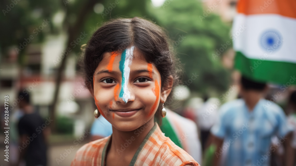 Cute child of Indian nationality against background of tricolor flag of ...