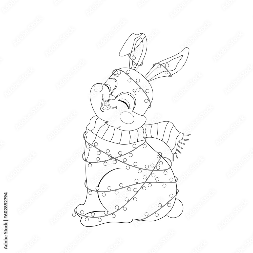 Cute bunny for coloring book. Christmas rabbit with garland. Black and ...