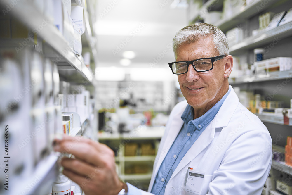 Pharmacy, medicine and portrait of man at shelf in drug store for ...