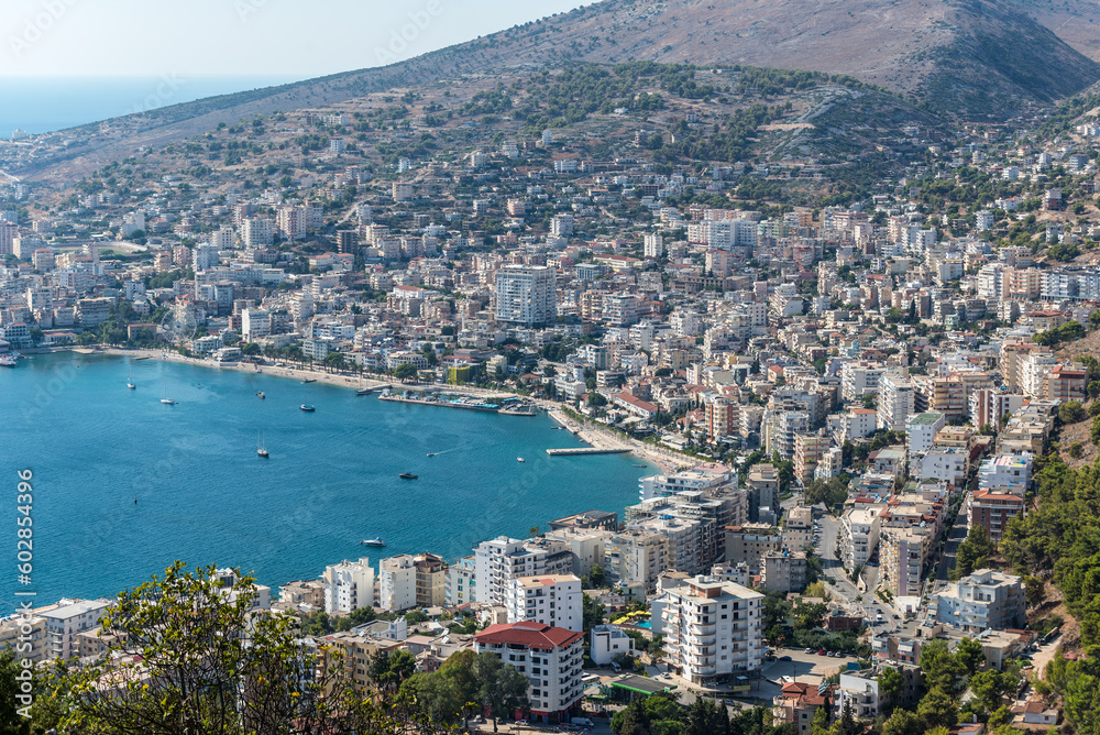 Coastal resort of Saranda, Albania, on the Ionian Sea. Albanian outdoor ...