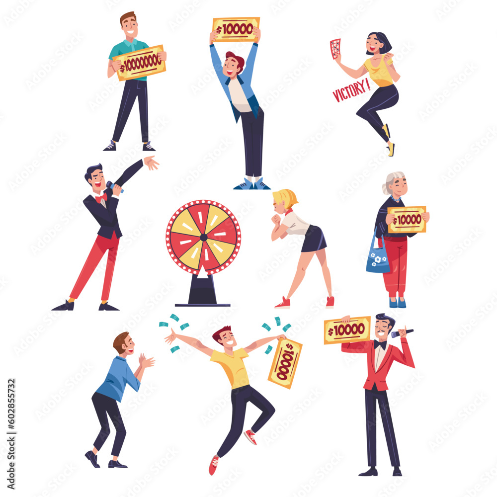 Happy People Character Cheering about Lottery Winning Gaining Lump Sum ...