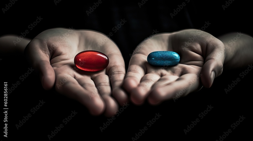 "Red pill or blue pill, which do you choose?" showing two open hands ...