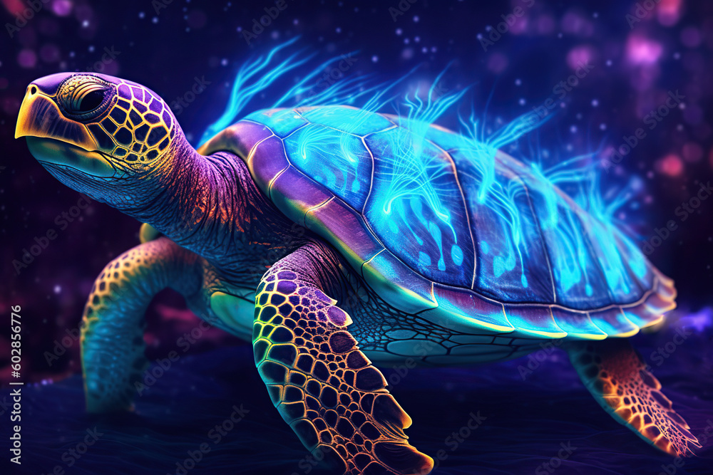 fluorescent glowing turtle swimming in the sea, Generative AI Stock ...