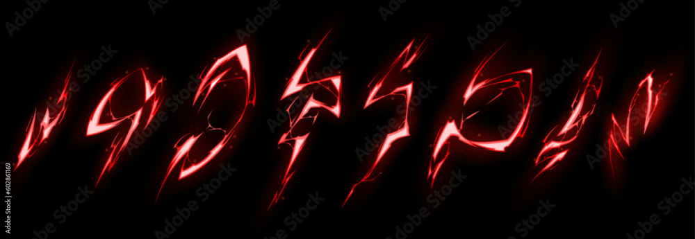 Cartoon set of red lightning strike effect isolated on black background ...