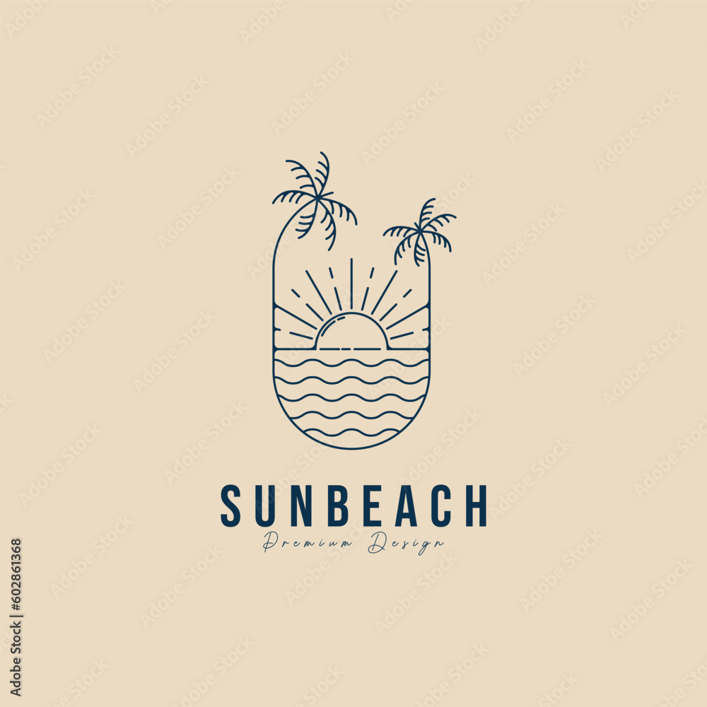 sun beach logo line art design template , with palm tree vector ...