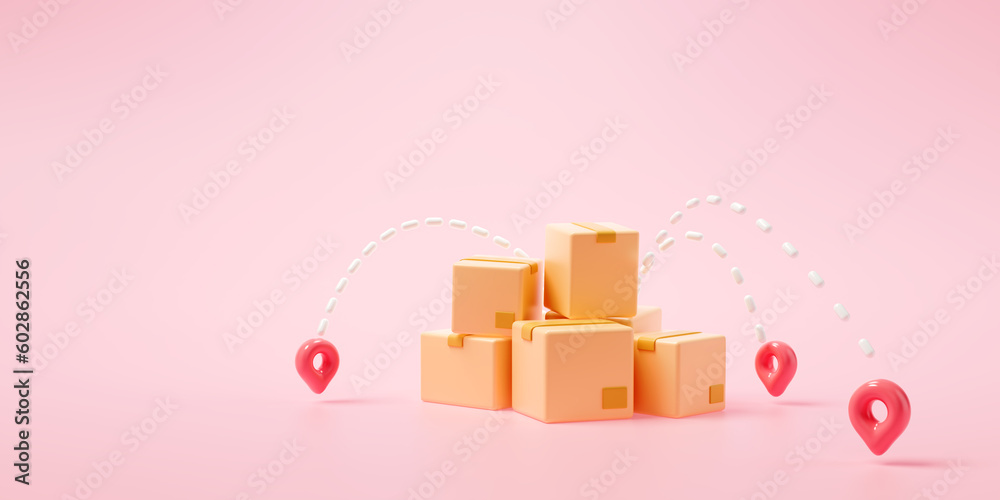 3d cardboard boxes are ready for delivery, destination map, and cargo ...