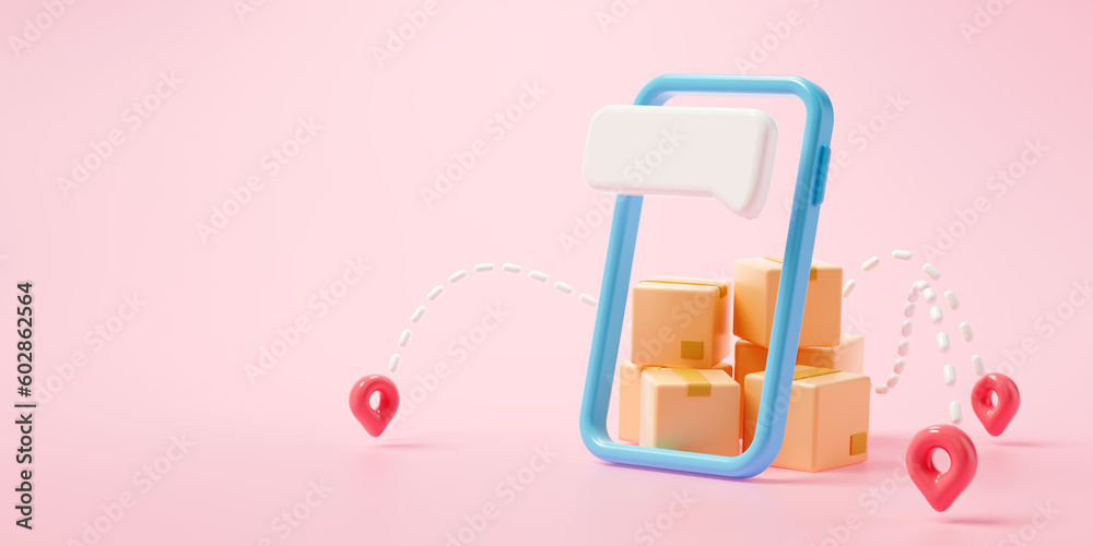 3d cardboard boxes are ready for delivery, destination map, and cargo ...