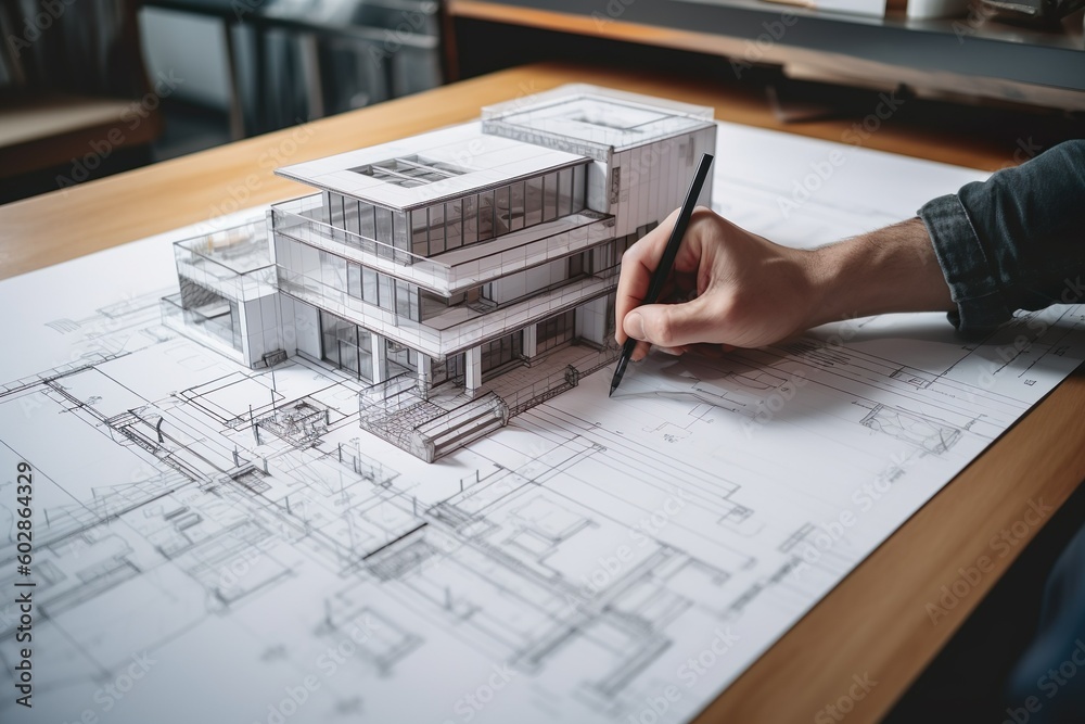 Man Architect Drawing 3D Modern house project - created with generative ...
