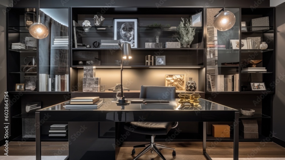 Interior design of Home Office in Modern style with Desk decorated with ...