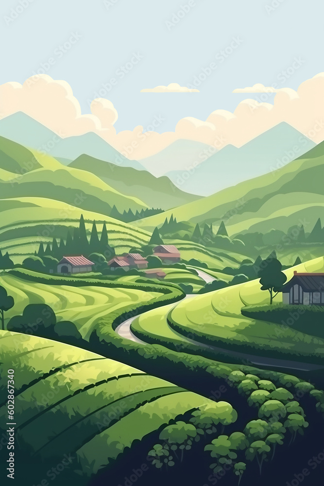 Generative AI. Green tea plantation landscape vector illustration ...