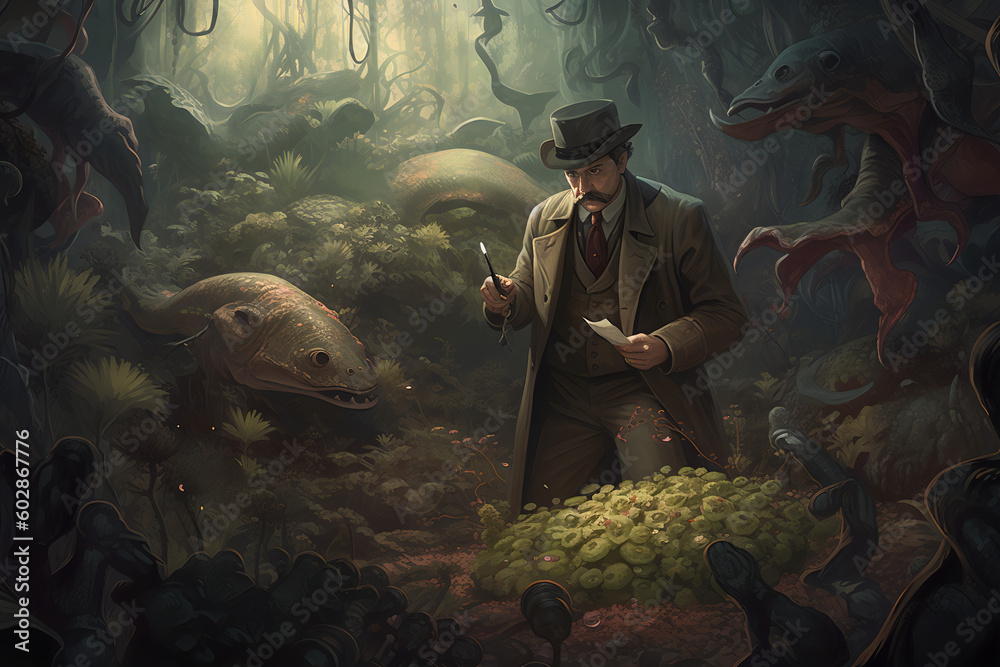 A Victorian-era detective, complete with a magnifying glass, examining ...