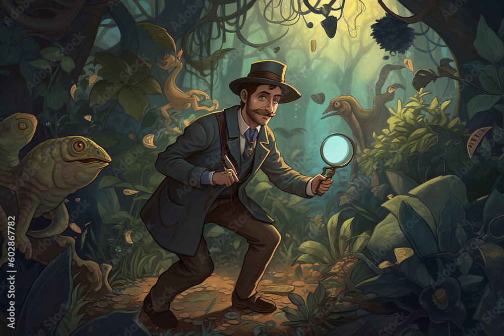 A Victorian-era detective, complete with a magnifying glass, examining ...
