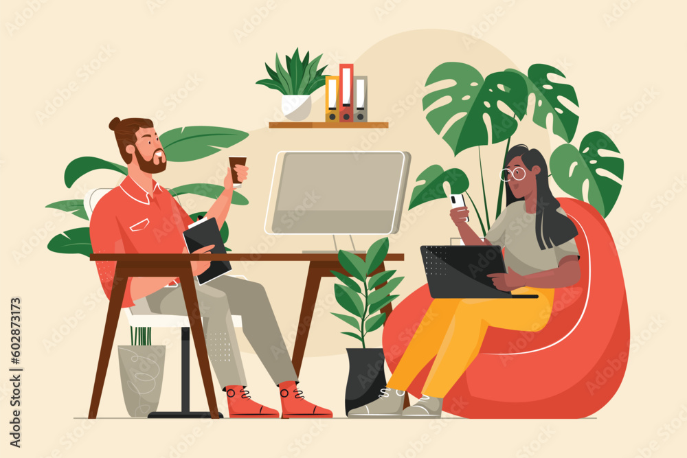 Open space yellow concept with people scene in the flat cartoon style ...